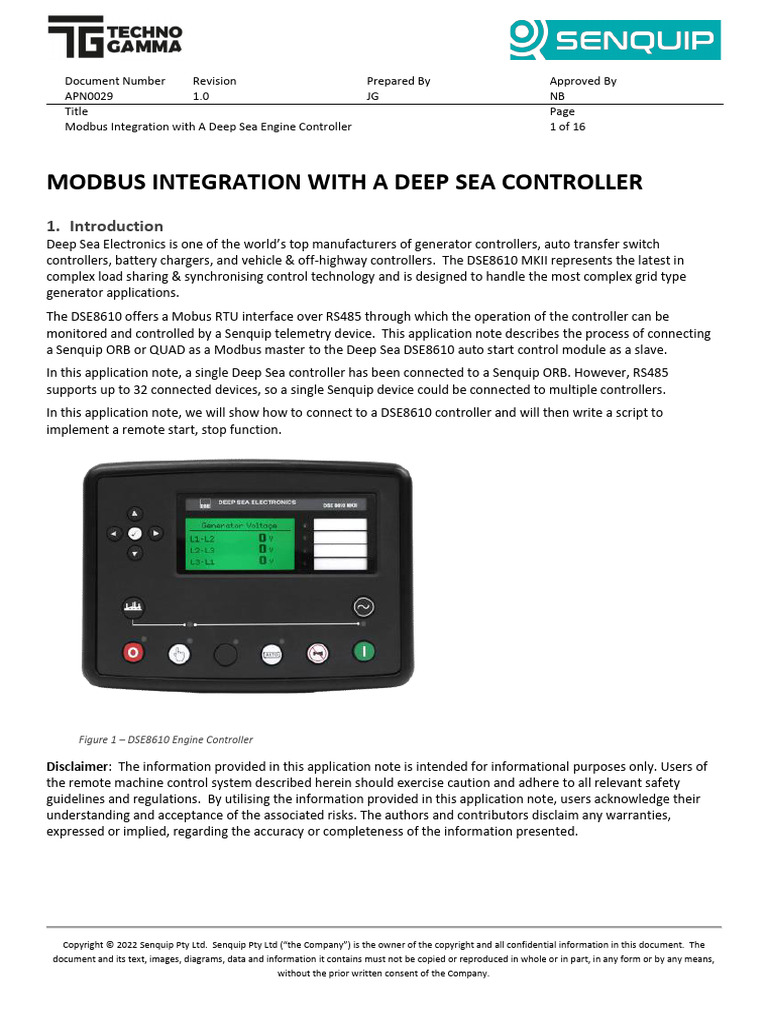 APN0029 Rev 1.0 - Modbus Integration With Deep Sea Engine Controller | PDF | Computer ...