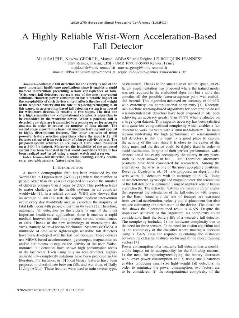 A Highly Reliable Wrist-Worn Acceleration-Based Fall Detector | PDF | Accelerometer | Support ...