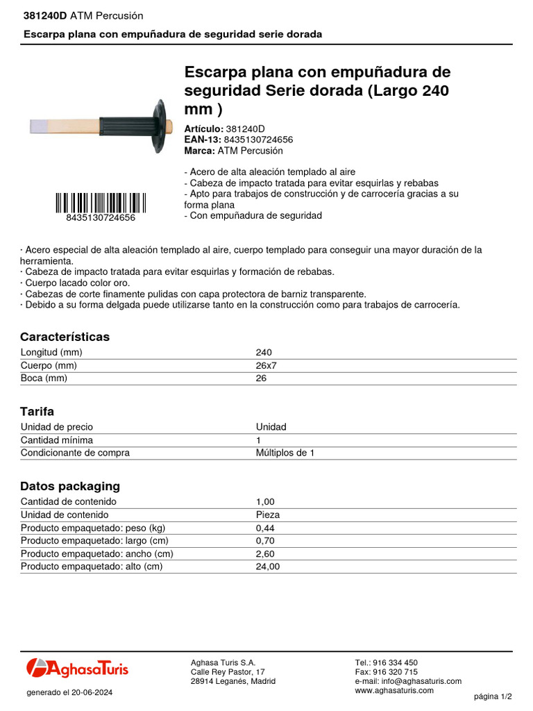 Escarpa Plana Con Empuñadura de Seguridad Serie Dorada (Largo 240 MM ...