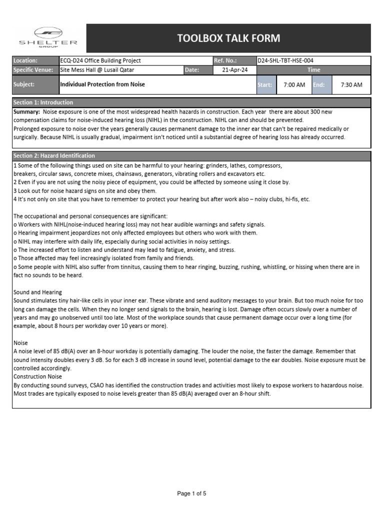 Toolbox Talk Form Noise 004 | PDF | Noise | Hearing Loss
