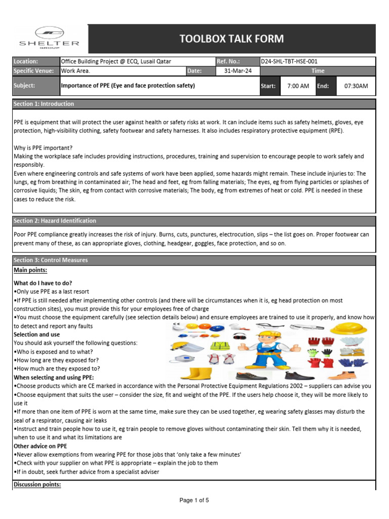 Toolbox Talk Form Importance of PPE 001 | Download Free PDF | Personal Protective Equipment ...