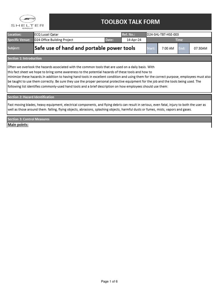 Toolbox Talk Form Safe Use of Hand and Portable Power Tools 003 | PDF ...