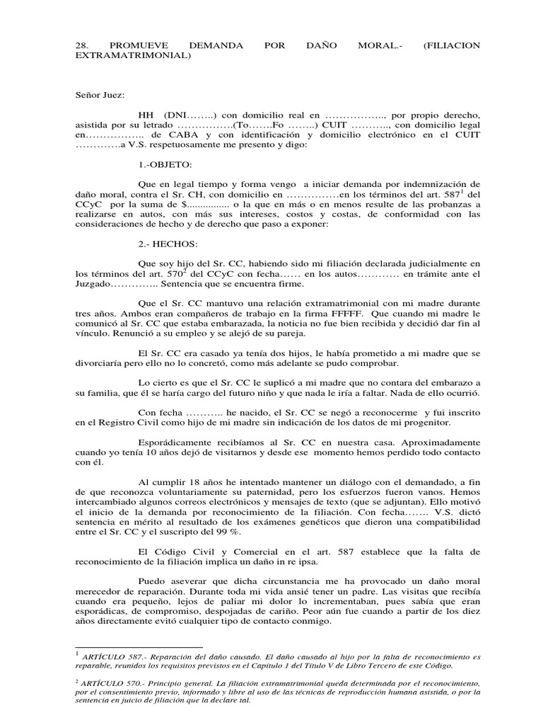 C - Daño Moral Filiación Extramatrimonial Art 587 | PDF | Demanda judicial | Justicia