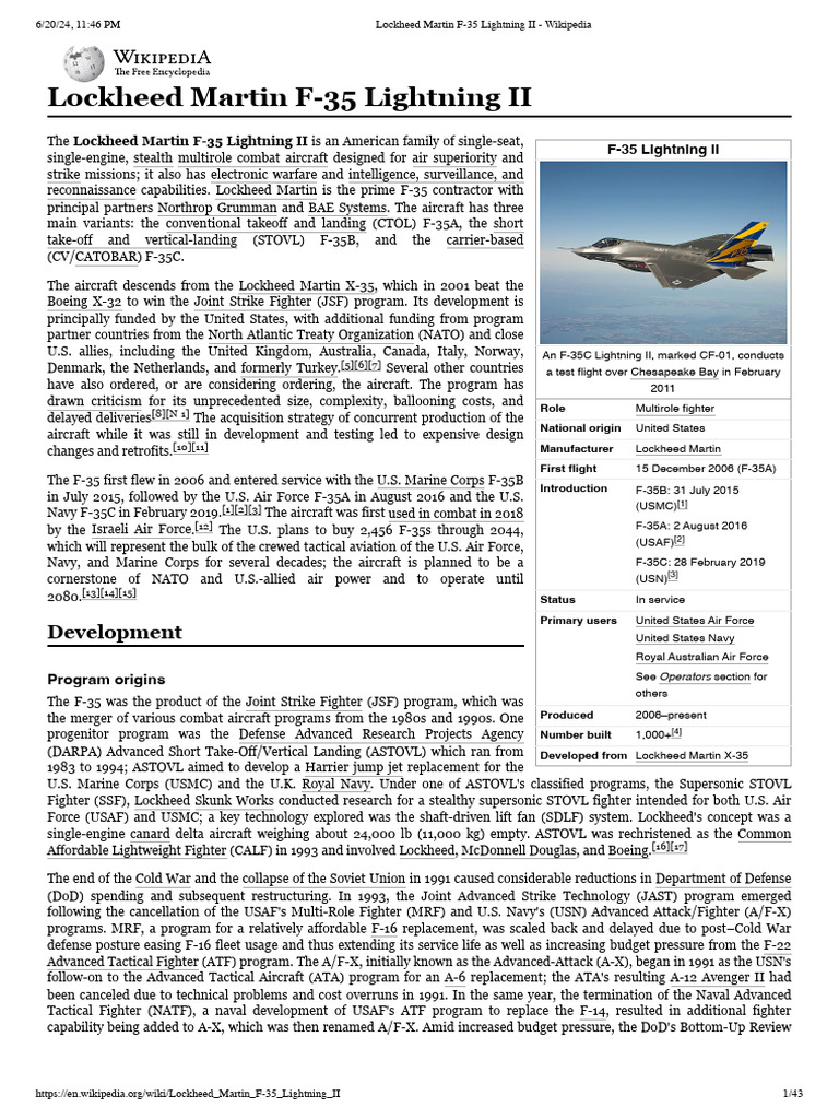 Lockheed Martin F-35 Lightning II - Wikipedia | PDF | Lockheed Martin F ...