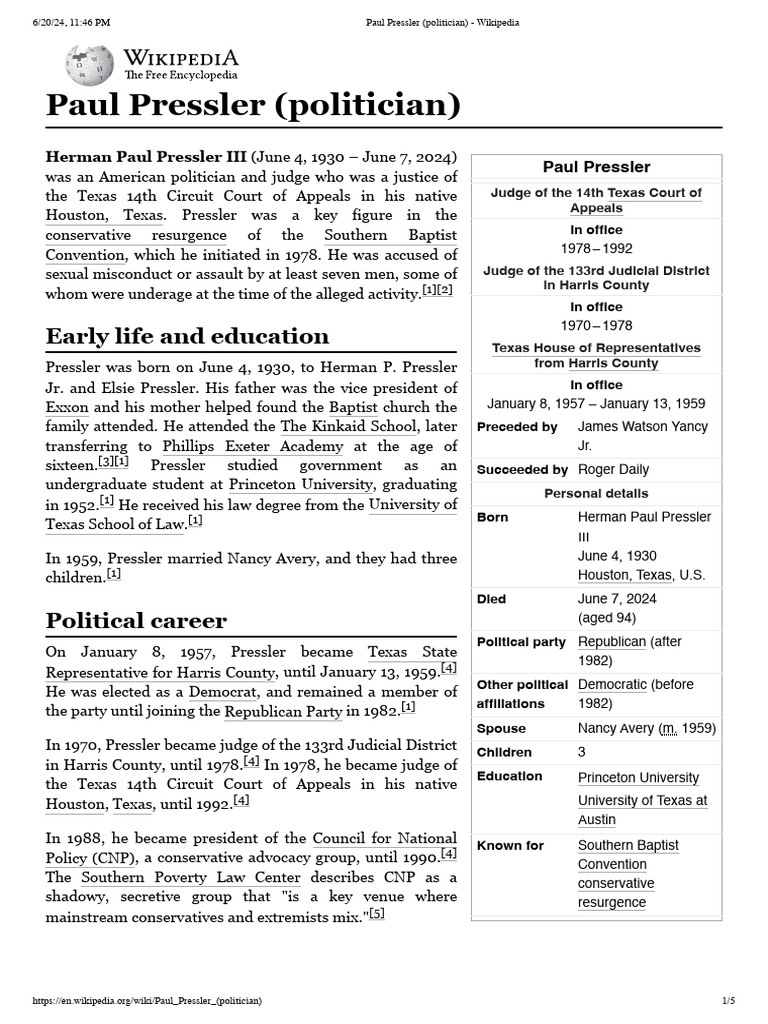 Paul Pressler (Politician) - Wikipedia | PDF | Southern Baptist Convention