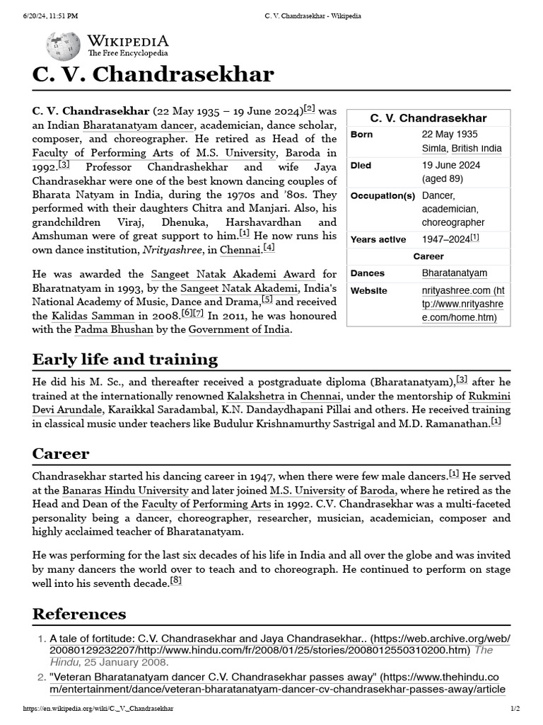 C.V. Chandrasekhar: Bharatanatyam Icon | PDF | Concert Dance | Dances