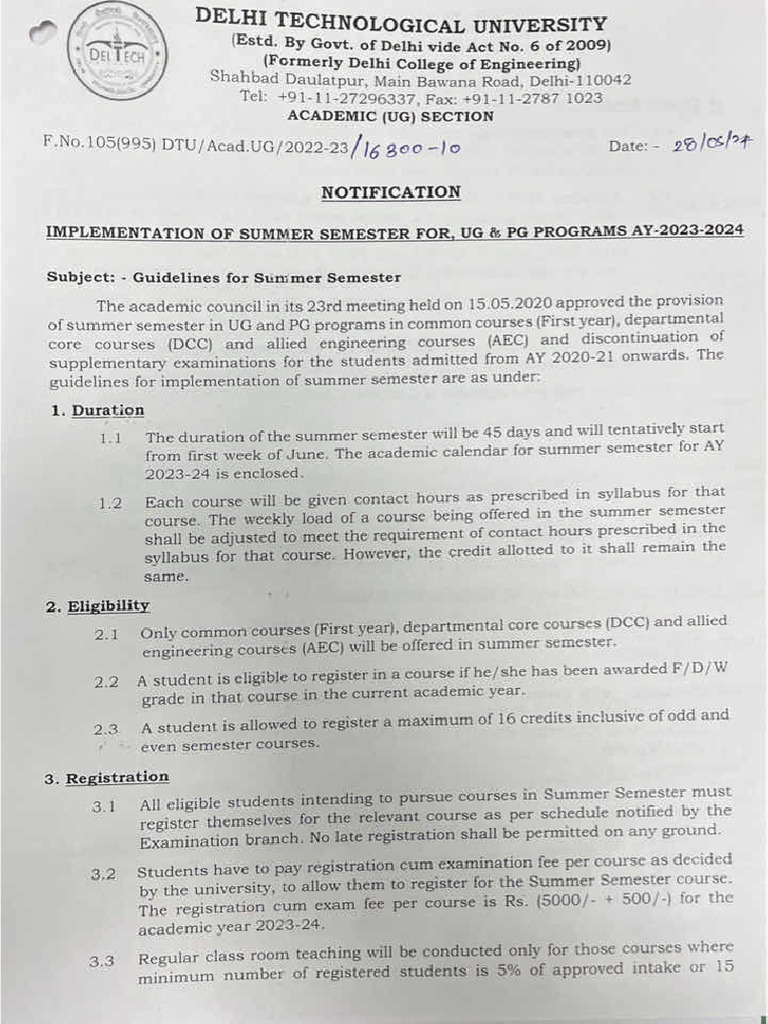 Summer Semester Notice and Calendar | PDF