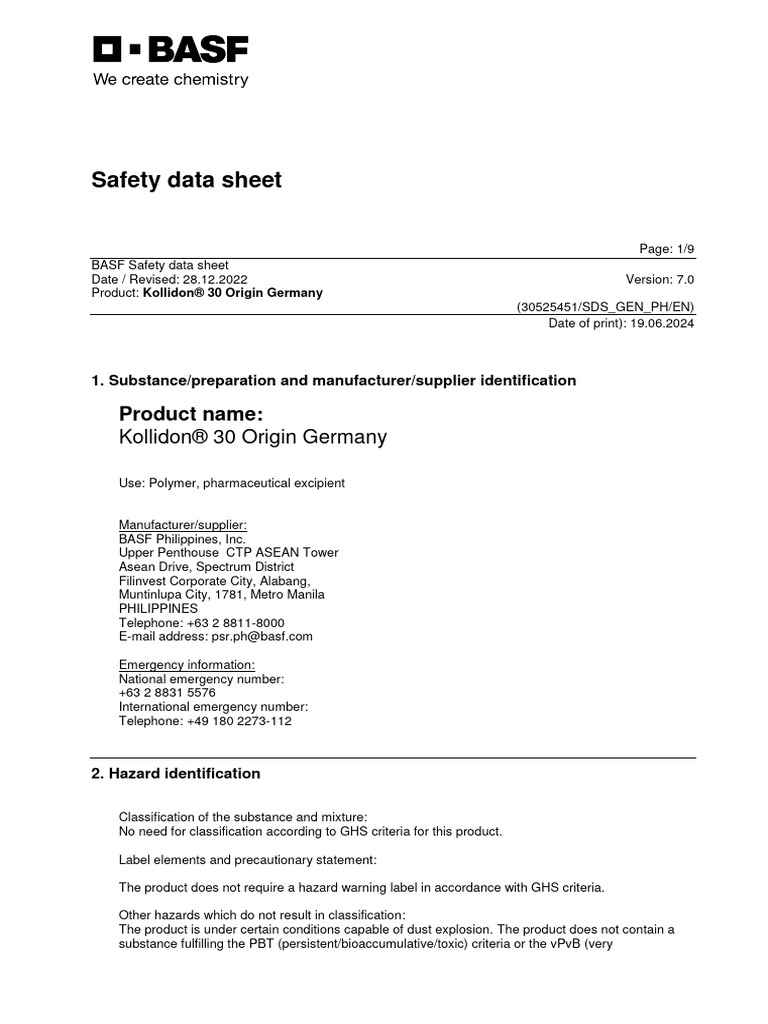 BASF Kollidon® 30 Safety Data Sheet | PDF | Toxicity | Safety