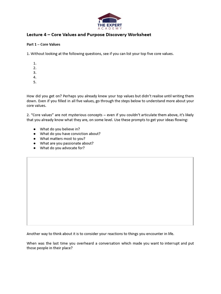 Lecture_4-Core_Values_and_Purpose_Discovery_Worksheet | PDF | Feeling ...