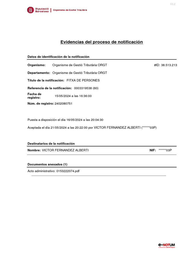 Evidencia Notificacio 38513213 Acceptada | PDF
