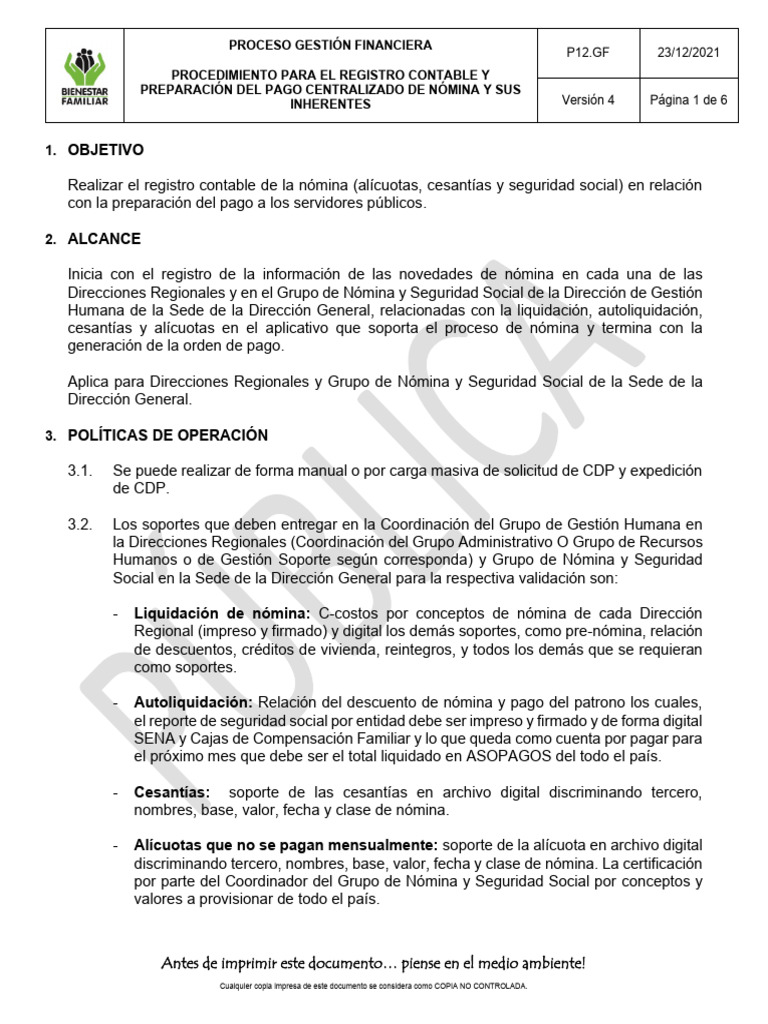 Procedimiento de Registro Contable de Nómina | PDF | Contabilidad | Contador