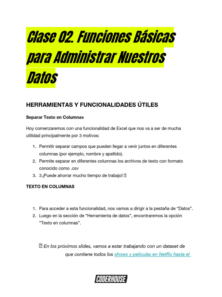 Guión Clase 2 - Funciones Básicas para Administrar Nuestros Datos | PDF | Microsoft Excel ...