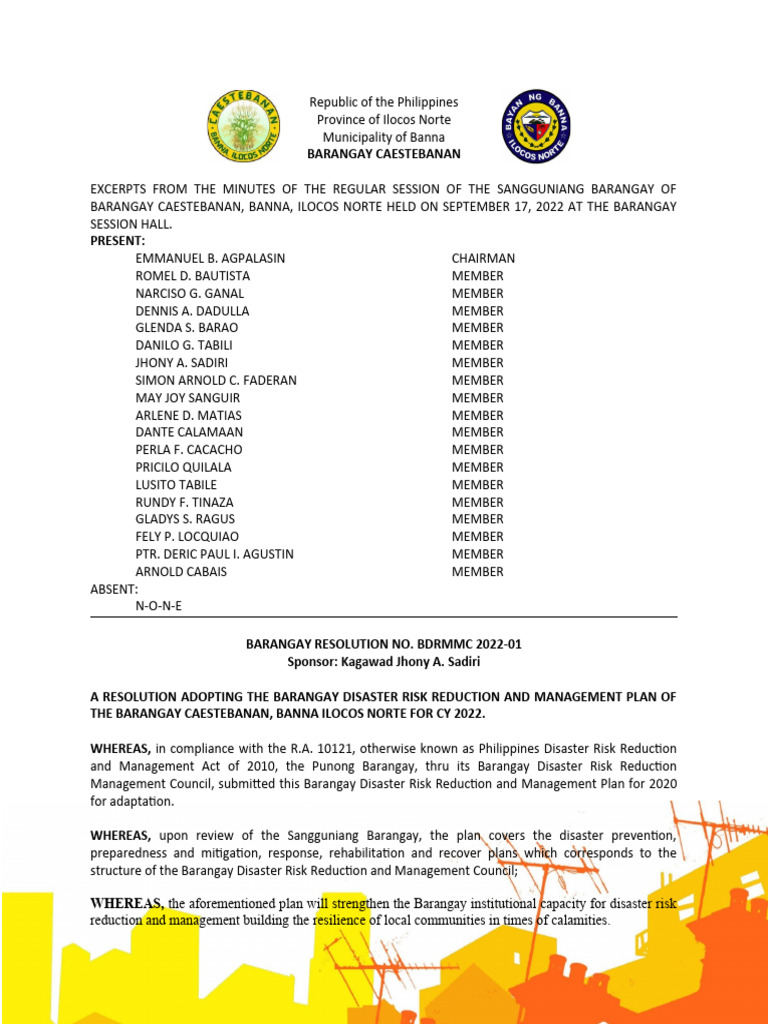 Barangay Resolution No. BDRRMC 2022-01 | PDF | Government | Safety