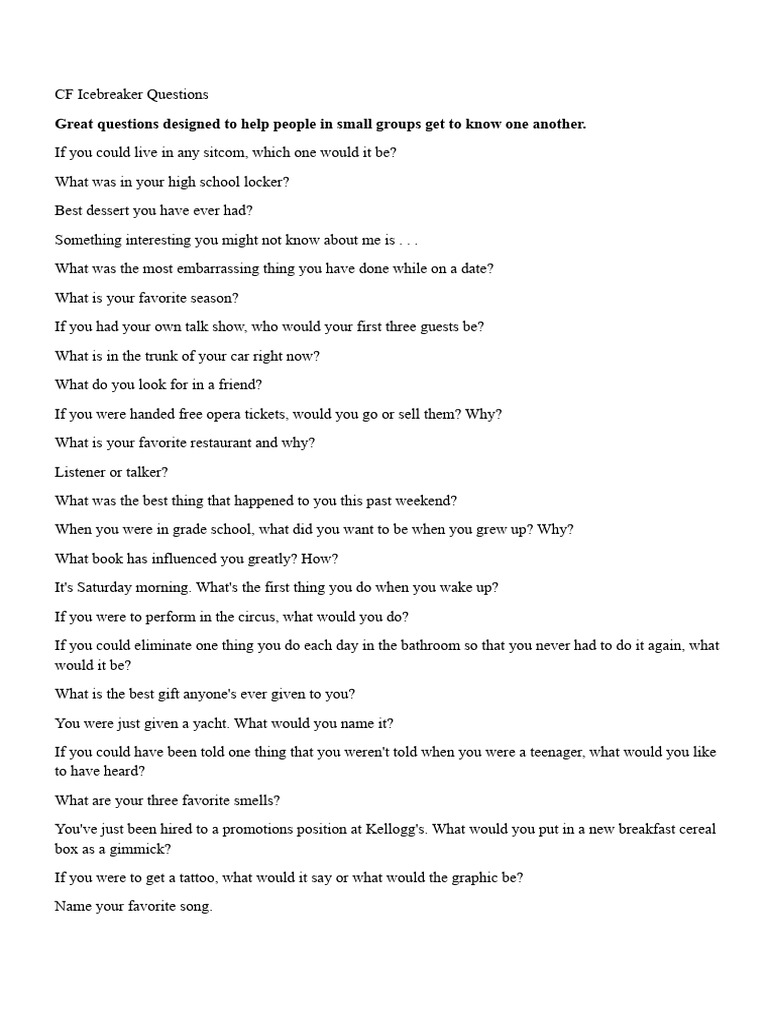 Engaging CF Icebreaker Questions | PDF | Language Arts & Discipline ...