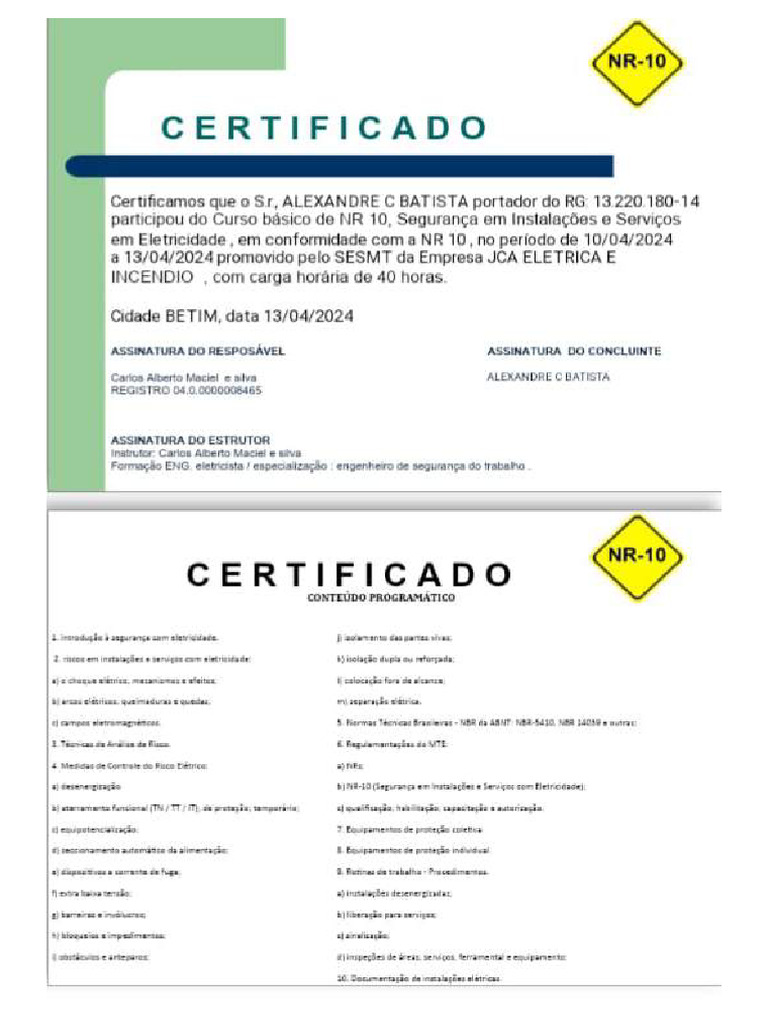 Certificado Nr10 Alexandre2024 | PDF