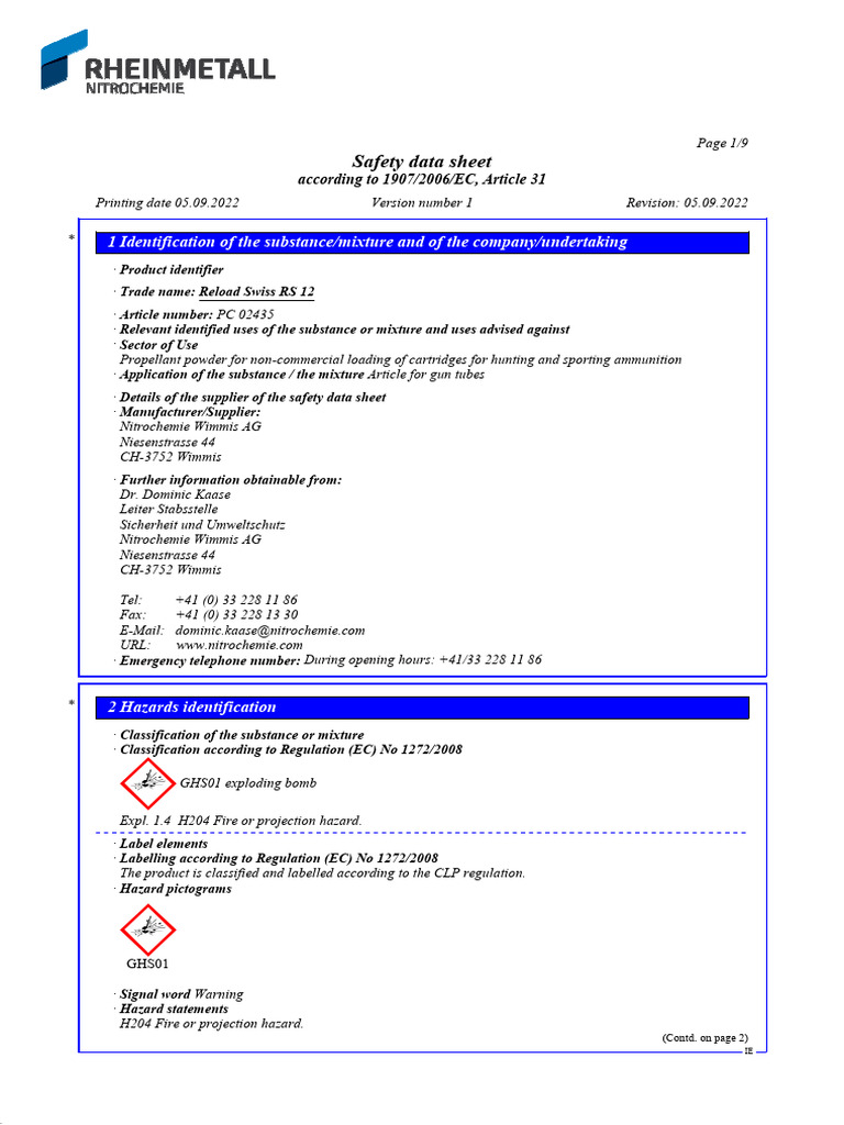 Reload Swiss RS 12 Safety Data Sheet | PDF | Dangerous Goods ...