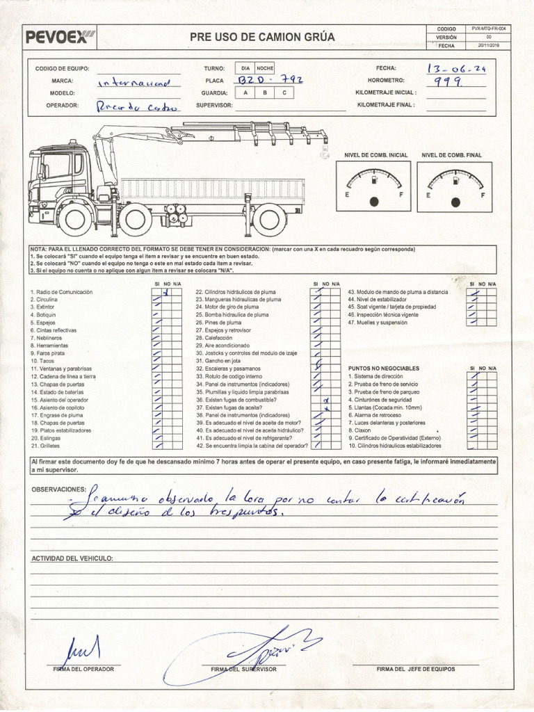 Check List de Inspección de Camión Grúa - B2D-792 | PDF