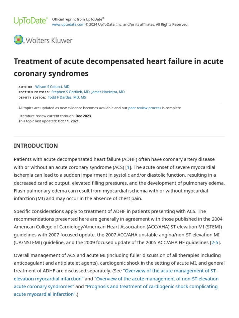 Treatment of FLASH Pulm Edema & ADHF in ACS - UpToDate | PDF ...