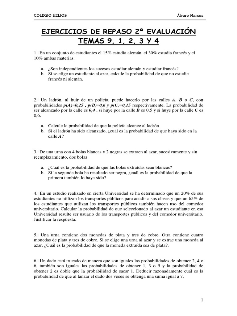 Ejercicios Repaso 2Â Evaluacion Temas 9-1-2-3-4 | PDF | Probabilidad | Matriz (Matemáticas)