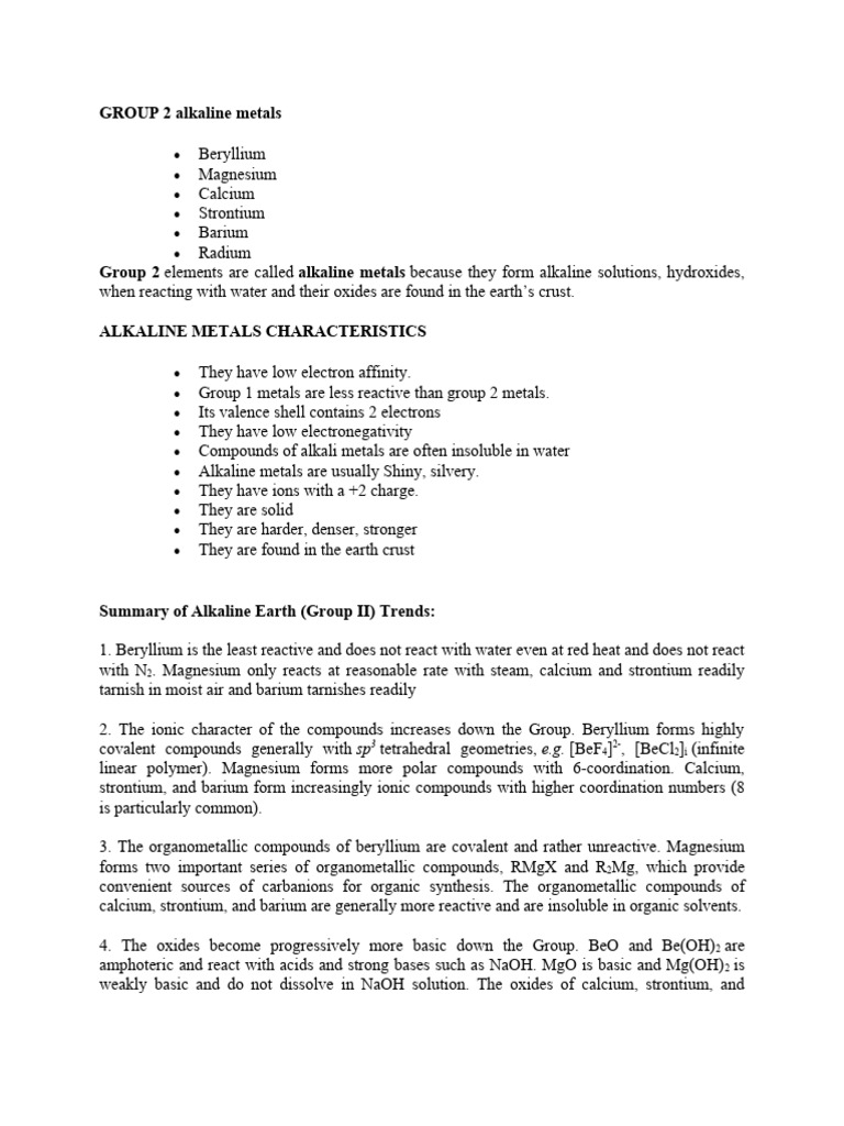 Group 2 Alkaline Earth Metals Overview | PDF | Magnesium | Calcium