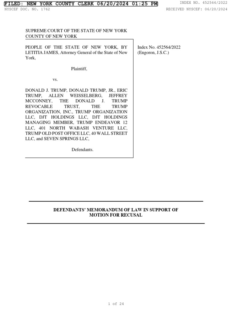 Motion For Judge Engoron's Recusal in New York v. Trump | PDF ...
