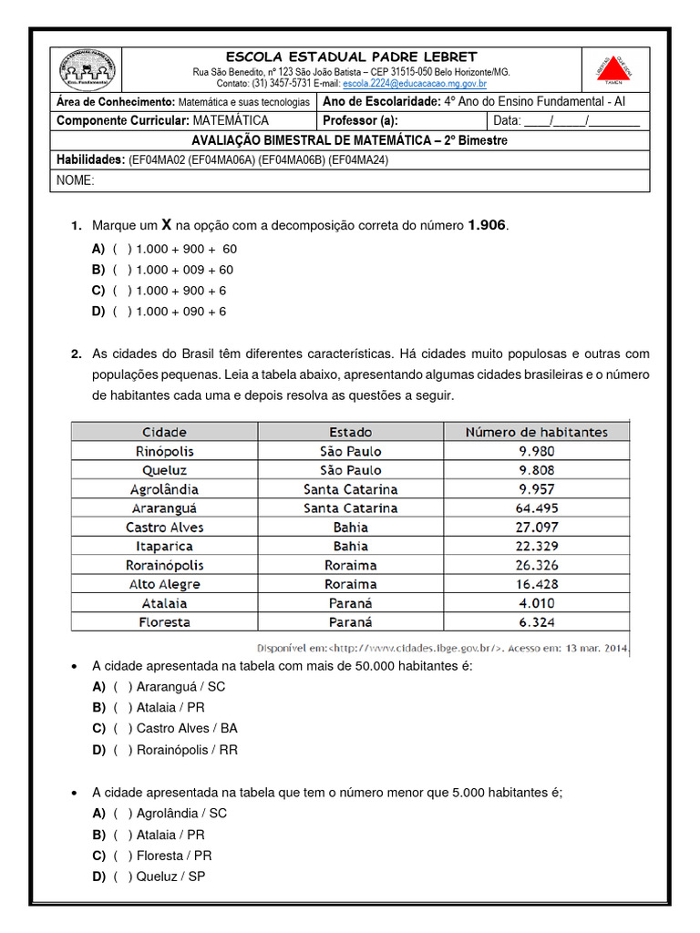 Avaliação Bimestral De Matemática 2º Bimestre Pdf