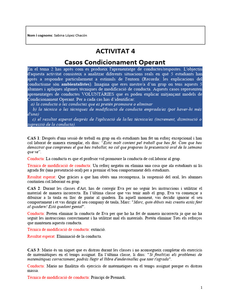 Activitat 4 - Casos Condicionament Operant - Alumnat | PDF