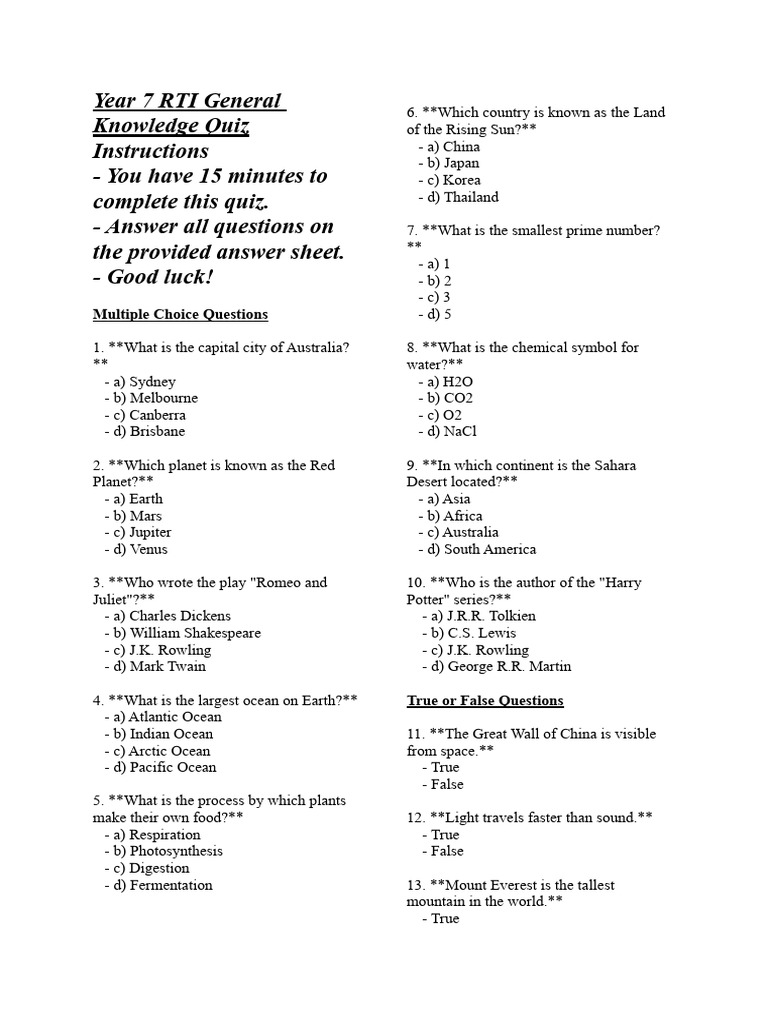Year 7 RTI General Knowledge Quiz | PDF | Earth Sciences
