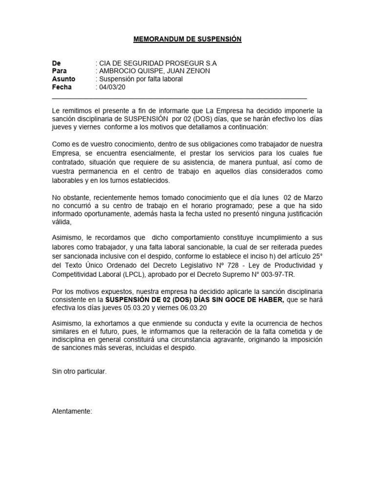 MODELO DE SUSPENSIÓN POR INASISTENCIA - Ambrocio Quispe Juan Zenon 04. ...