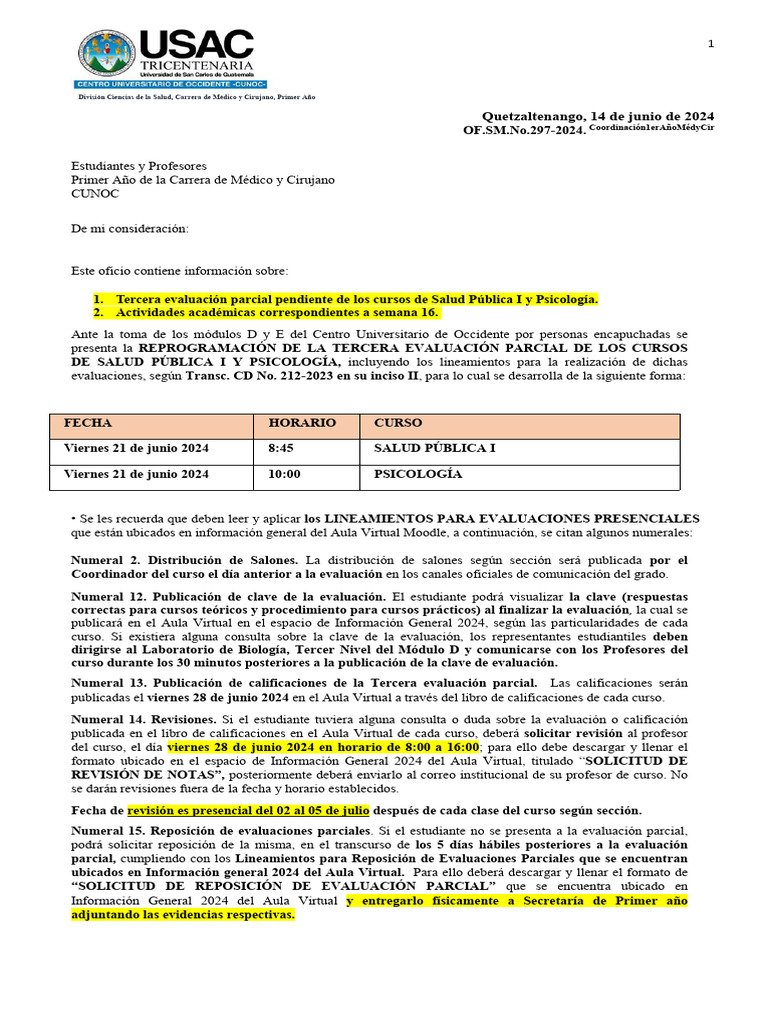 Oficio 297-2024 A Director y Coordinador Gral. Reprogramación Parciales 21 Junio | PDF | Salón ...