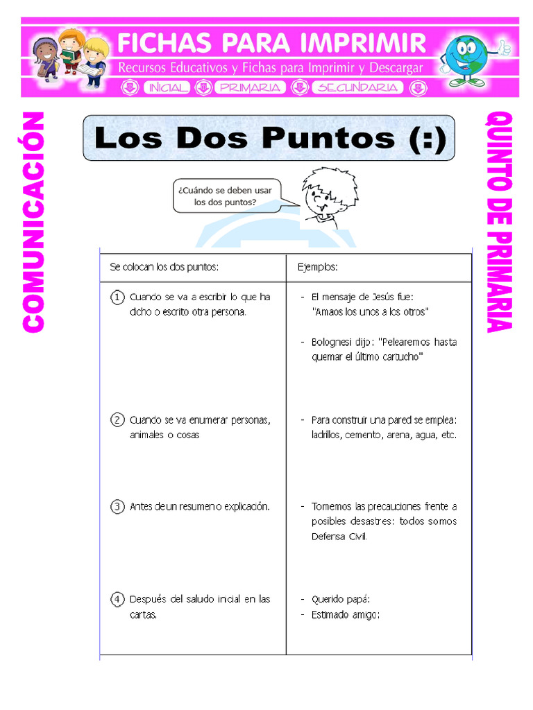 Ficha-Uso-de-los-Dos-Puntos-Ejemplos-para-Quinto-de-Primaria | PDF