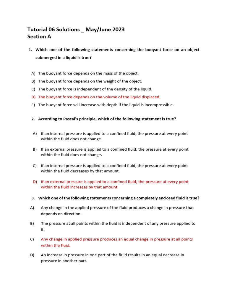 Tutorial 06 Solutions - 2023 | PDF | Buoyancy | Pressure Tutorial 06 Solutions - 2023 | PDF | Buoyancy | Pressure