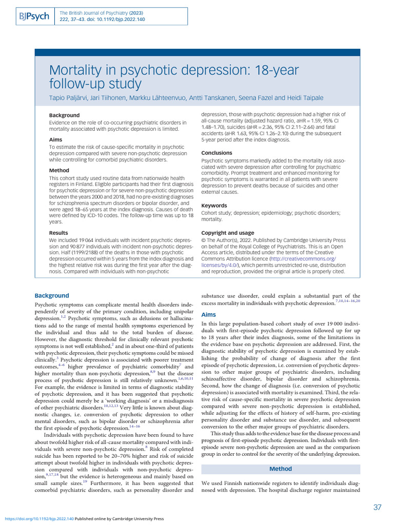 Mortality in Psychotic Depression 18 Year Follow Up Study | PDF ...
