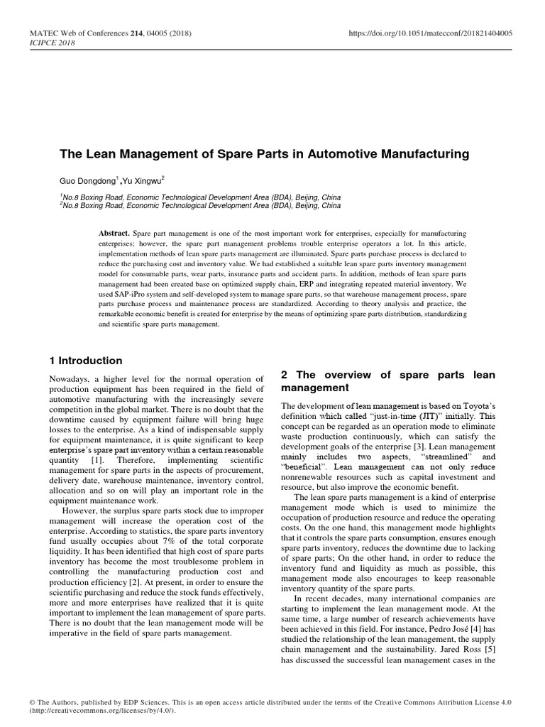 The Lean Management of Spare Parts in Automotive ManufacturingMATEC Web ...