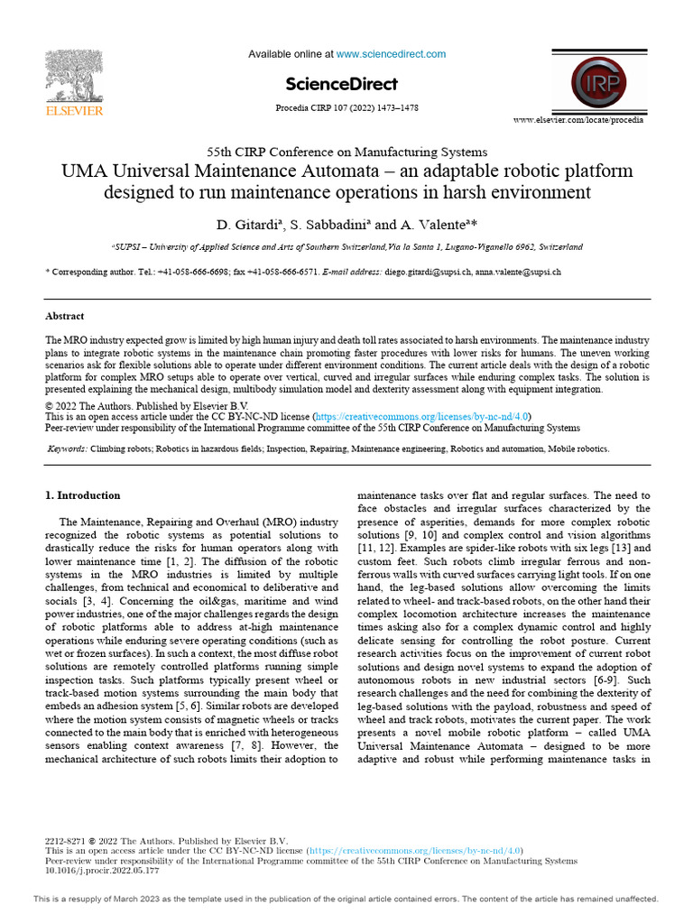 UMA Universal Maintenance Automata - An Adaptable Robotic Platform ...
