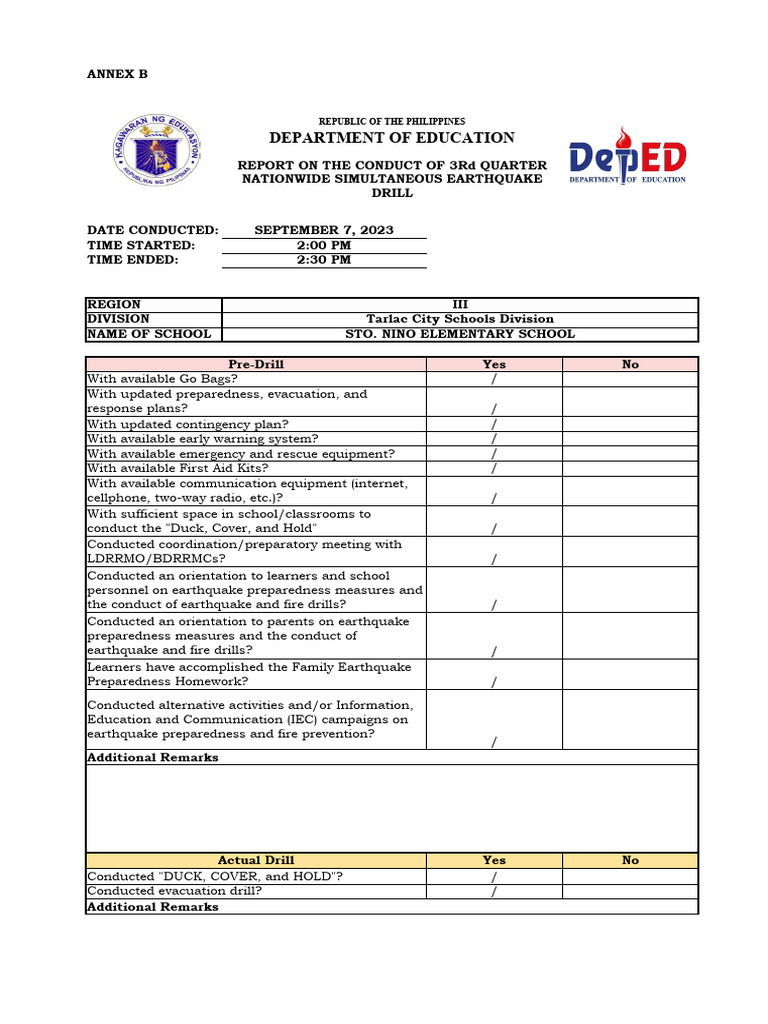 STO. NINO ES 2nd Q NSED June 8 2023 | PDF | Emergency Management ...