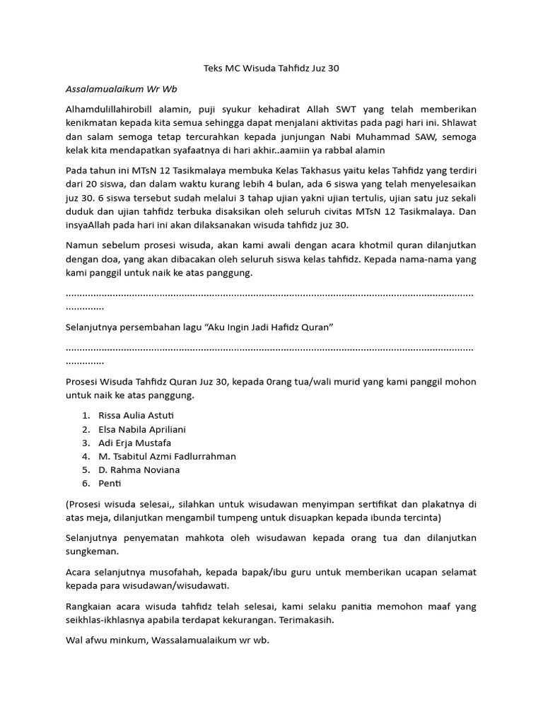 Teks MC Wisuda Tahfidz Juz 30 | PDF | Agama & Spiritualitas