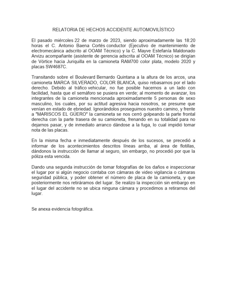 Relatoria de Hechos Accidente Automovilístico | PDF