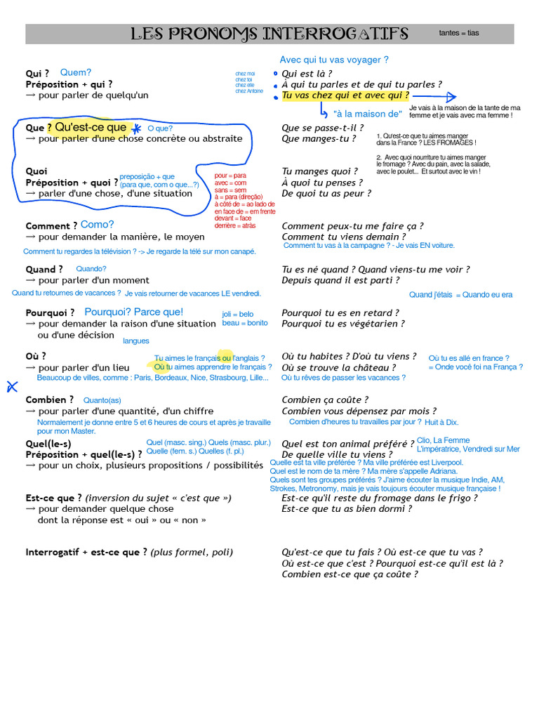 Guide des Pronoms Interrogatifs en Français | PDF | Mécanique du ...