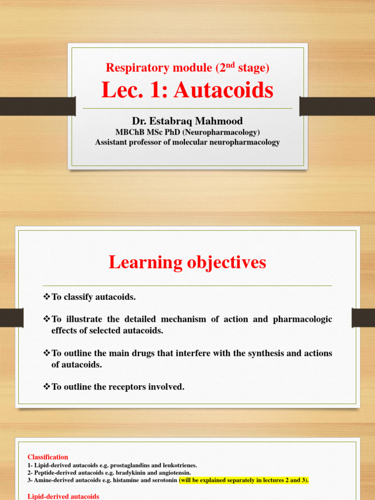 Pharma. Lec.1 Autacoids | PDF | Prostaglandin
