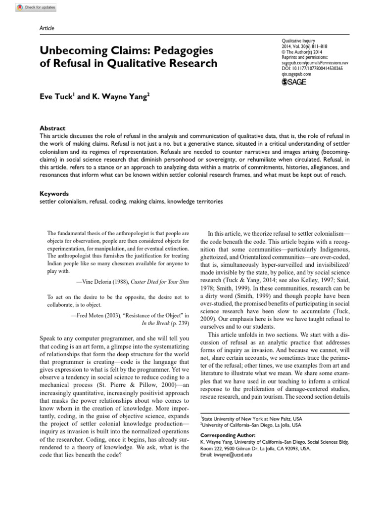 Tuck Yang 2014 Unbecoming Claims Pedagogies of Refusal in Qualitative ...