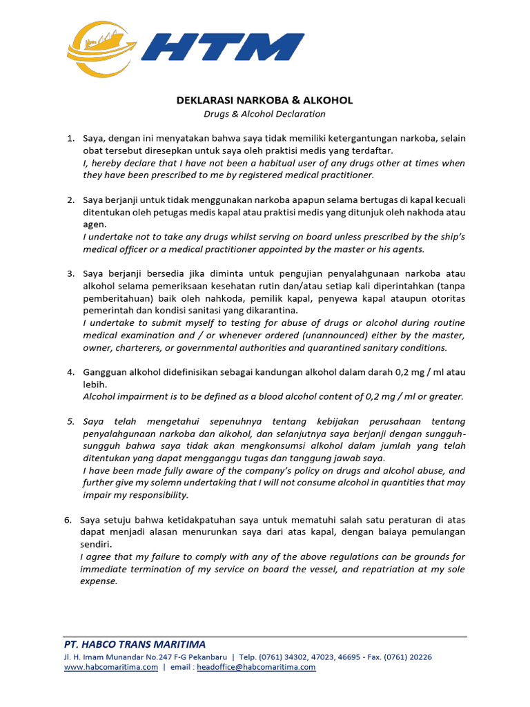 Drugs & Alcohol Declaration | PDF