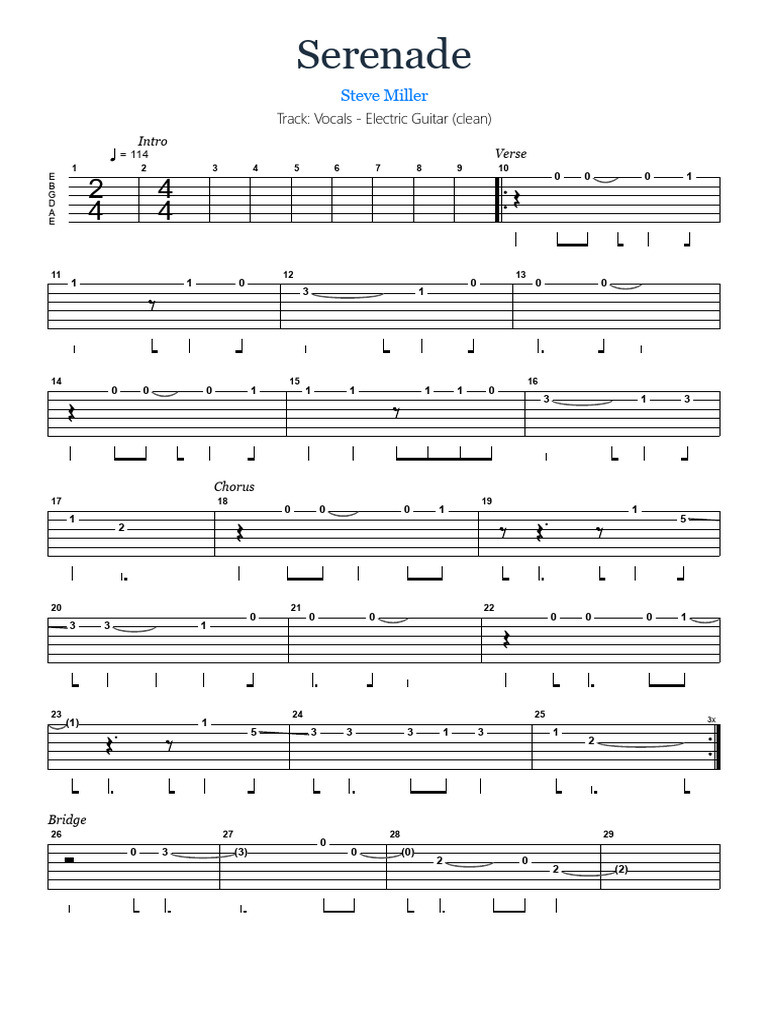 Serenade Tab by Steve Miller - Vocals - Electric Guitar (Clean) - Songsterr Tabs With Rhythm ...