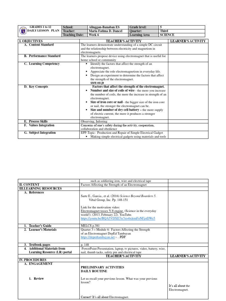 Sample DLP Factors Affecting The Strength of Electromagnet | PDF ...