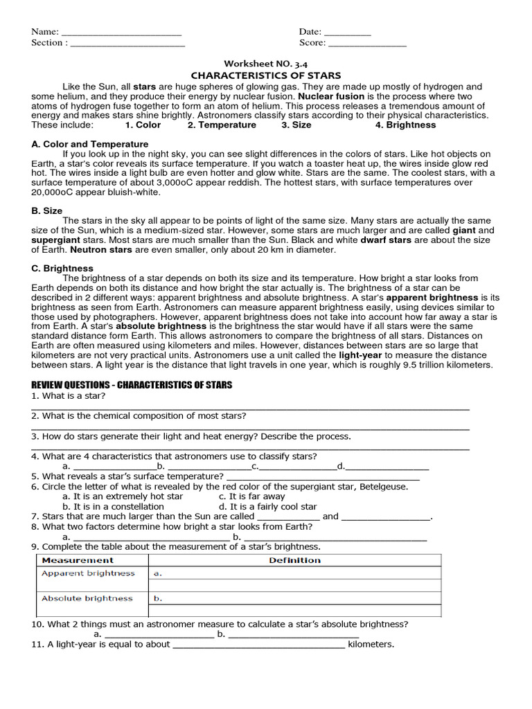 Characteristics of Stars Worksheet | PDF | Stars | Apparent Magnitude