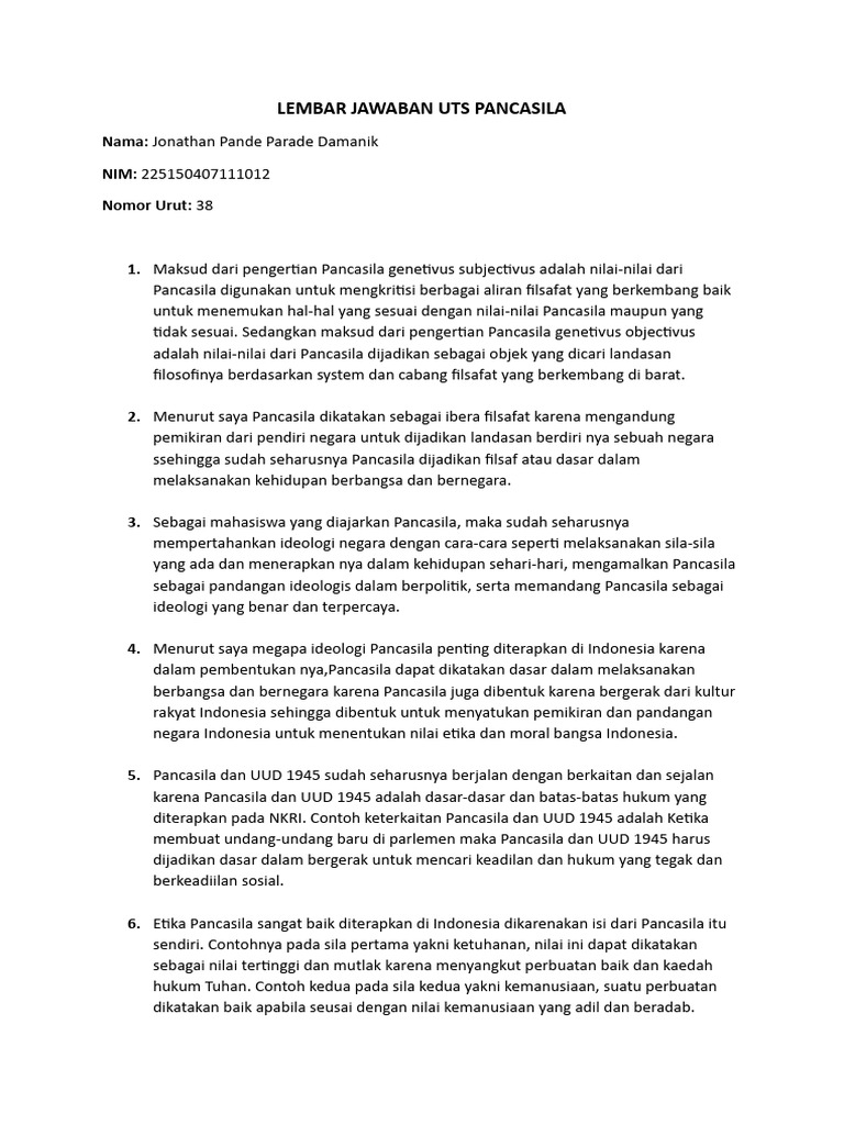 Lembar Jawaban Uts Pancasila | PDF