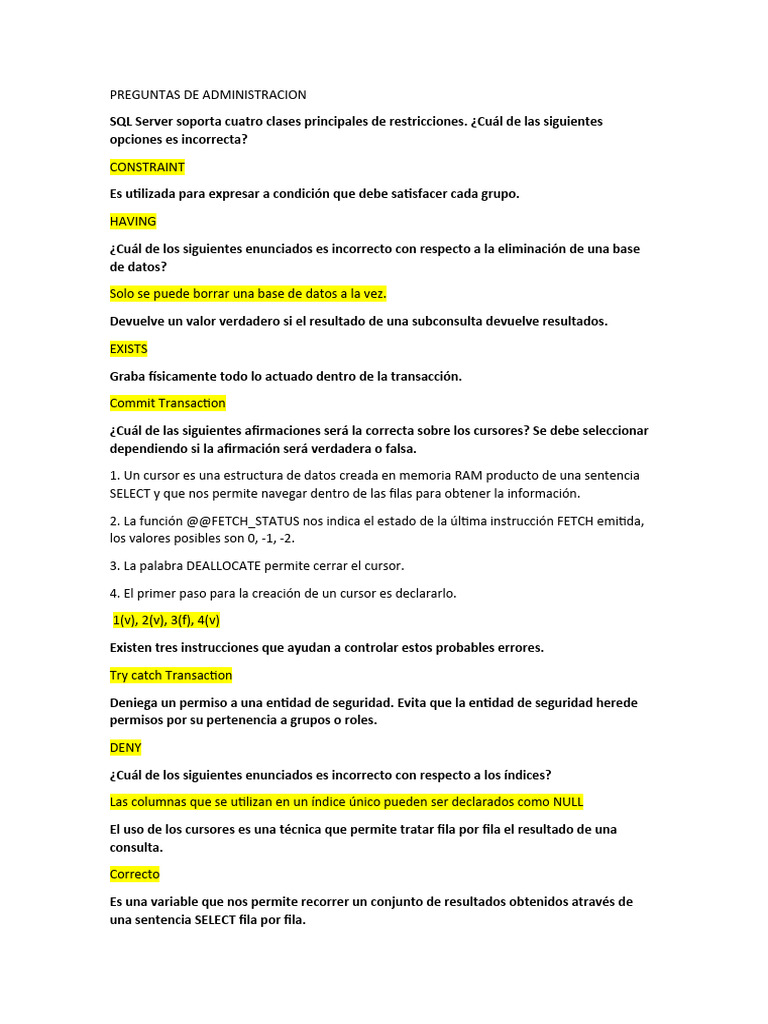 PREGUNTAS DE ADMINISTRACION faltan ejercicios | Descargar gratis PDF | SQL | Servidor SQL de ...