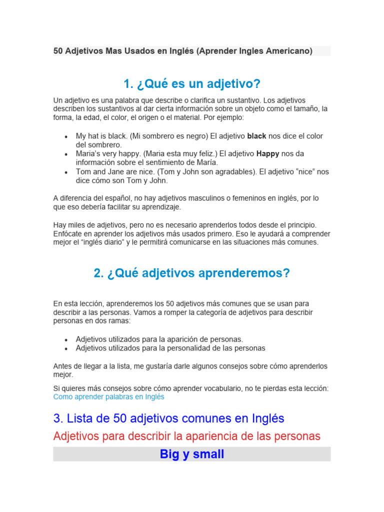50 Adjetivos Mas Usados En Inglés Descargar Gratis Pdf Adjetivo