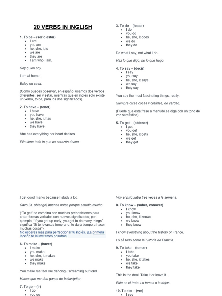 20 Verbs in Inglish | PDF