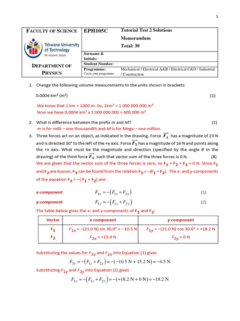 Physics Tutorial Test 2 Solutions | PDF | Speed | Euclidean Vector